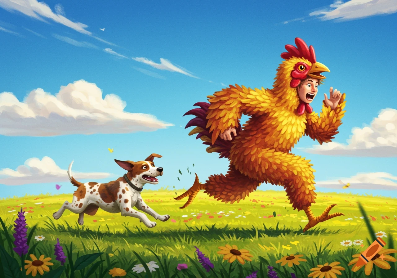 A cartoon rooster in a blue suit and red bow tie walks in a grassy ...