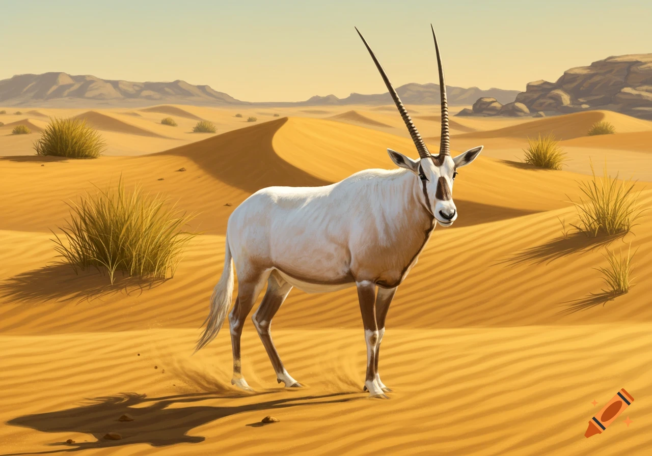 An Arabian oryx with long, straight horns stands in a sunny desert ...