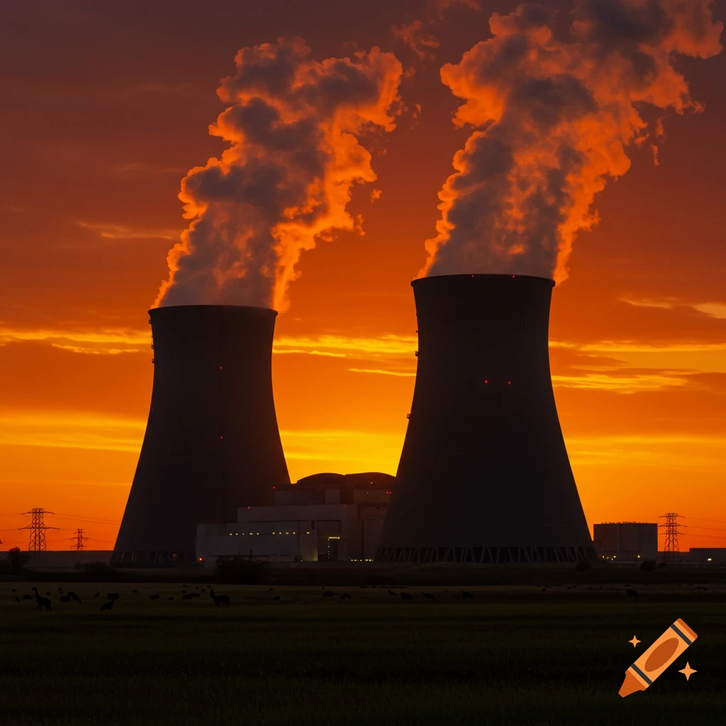 Two nuclear power plant cooling towers emit steam against a dramatic ...