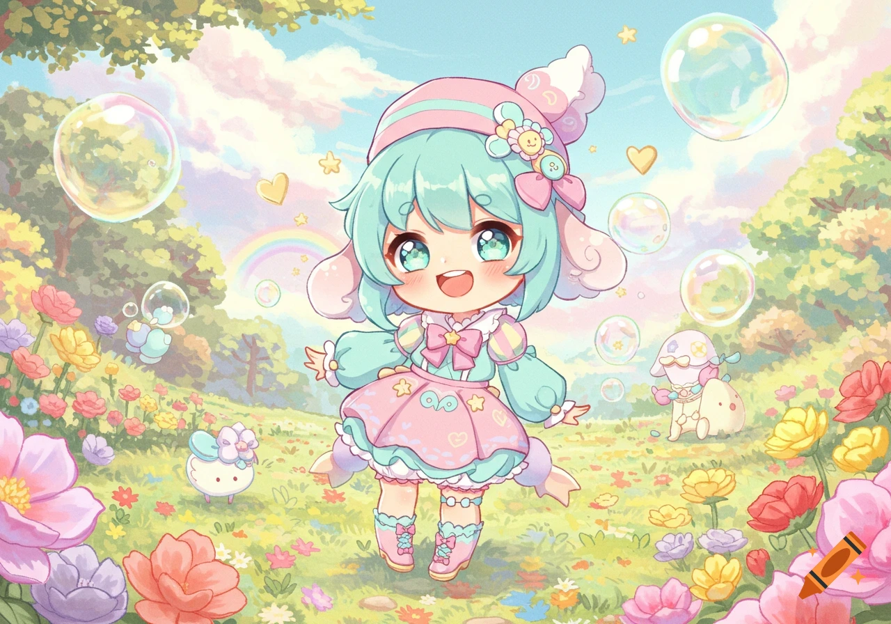 Kuromi stands in shallow water surrounded by lollipops, lily pads, pink ...