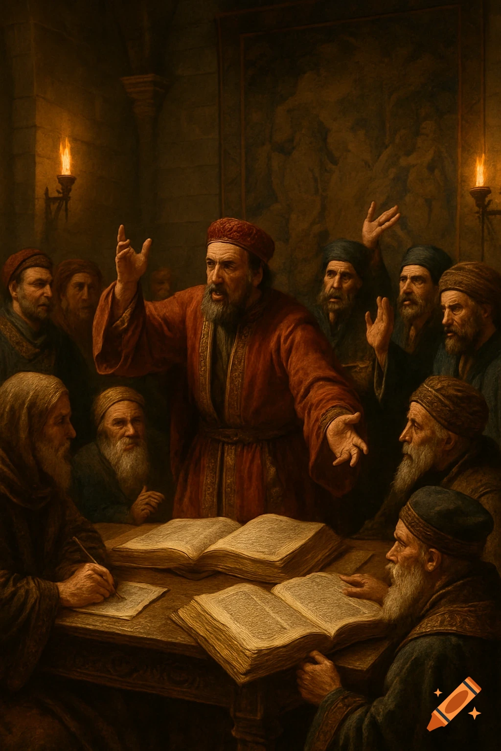 A bearded man in ancient robes teaches four students by candlelight in ...