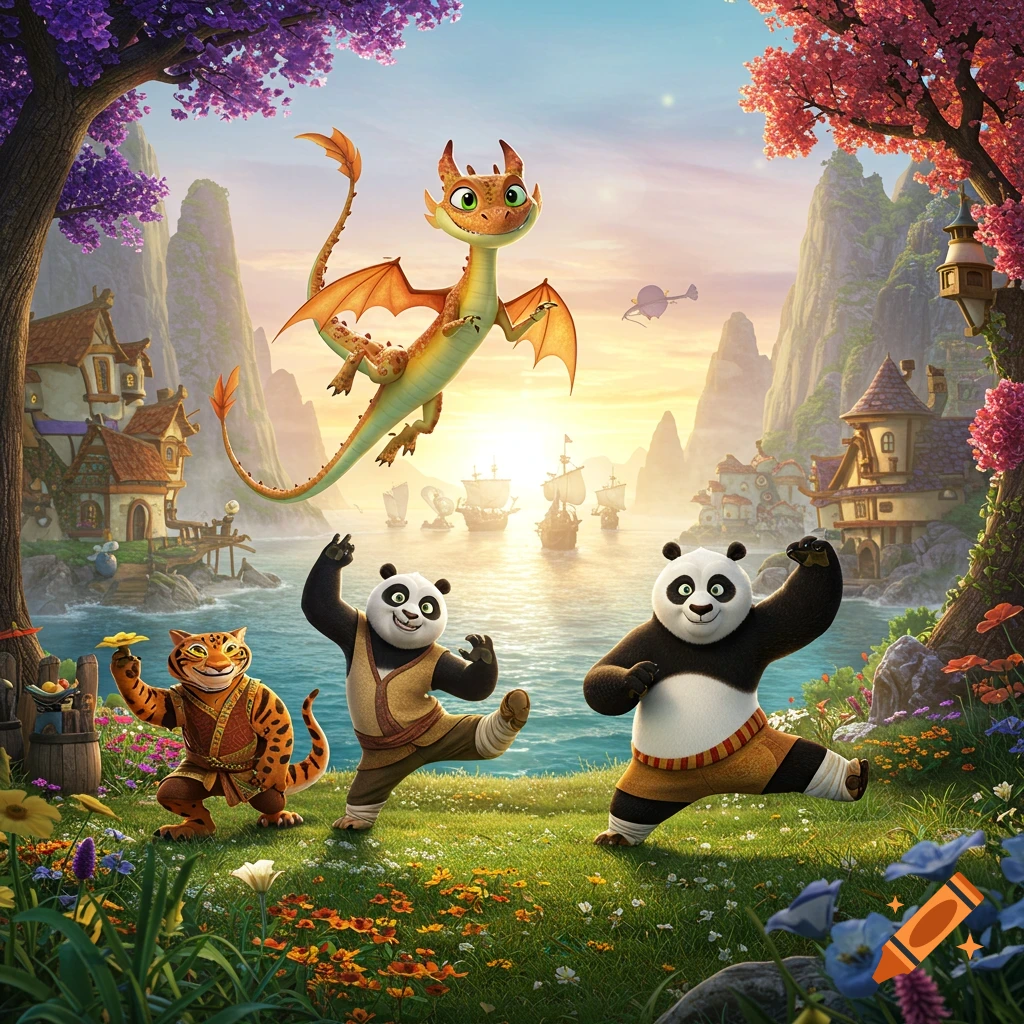 Two pandas and a tiger in martial arts poses, with a dragon flying ...