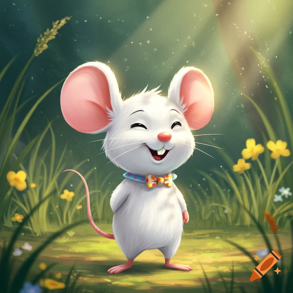 A happy white cartoon mouse with a colorful bow tie stands smiling in a ...