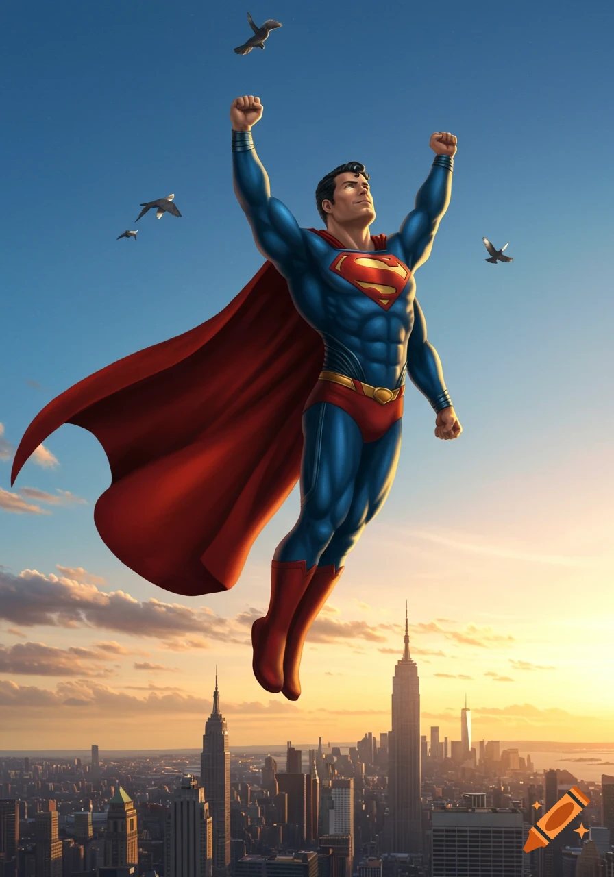 Mr. Incredible in his red suit and cape stands heroically on a ...