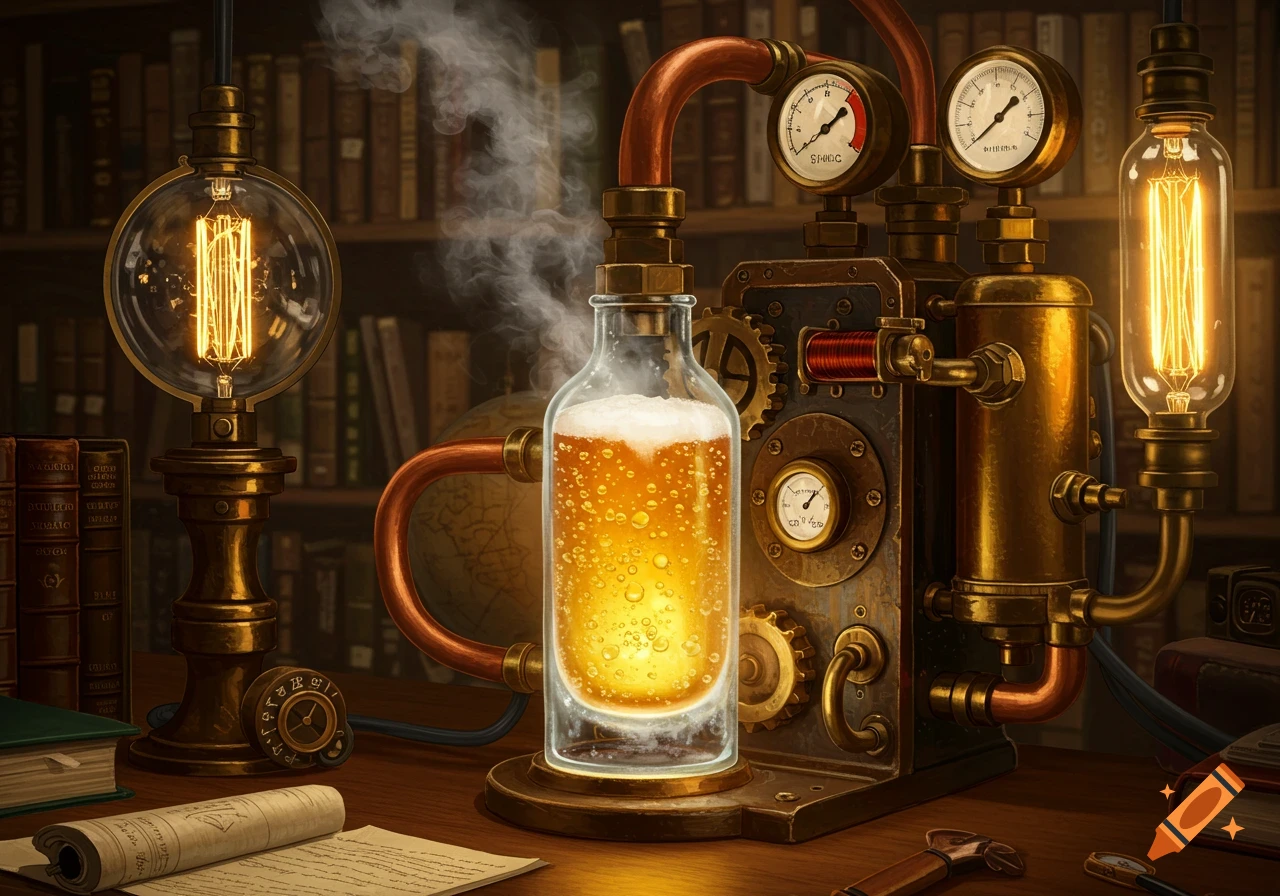 A man and woman in aprons work among large copper brewing tanks and ...