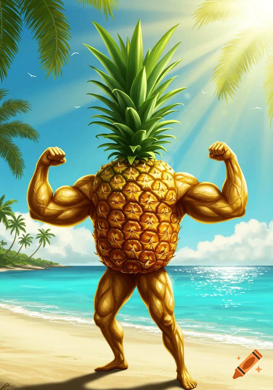 A muscular pineapple with a human body flexing on a sunny tropical ...