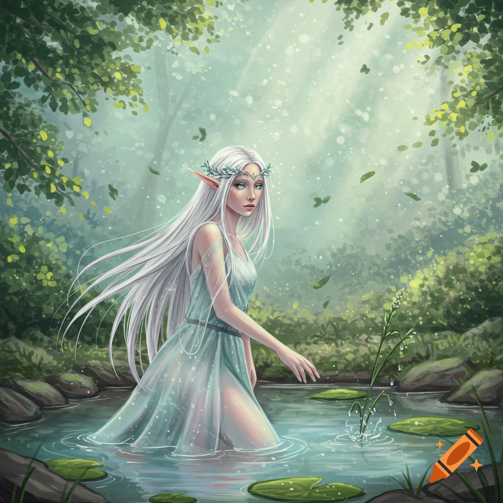 An elegant elven woman in a flowing green dress with a long braid ...