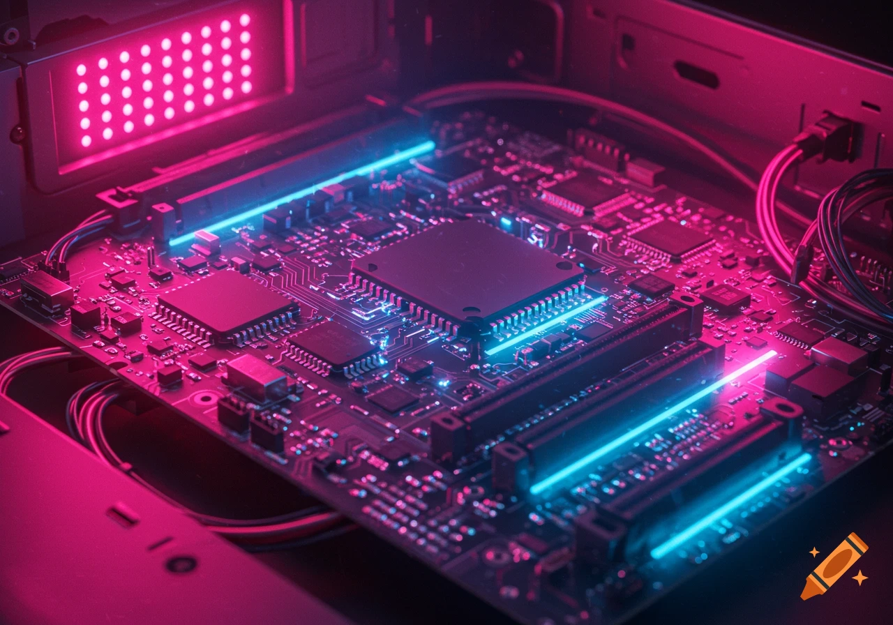 Close-up of a computer CPU with gold pins, a dark surface showing ...