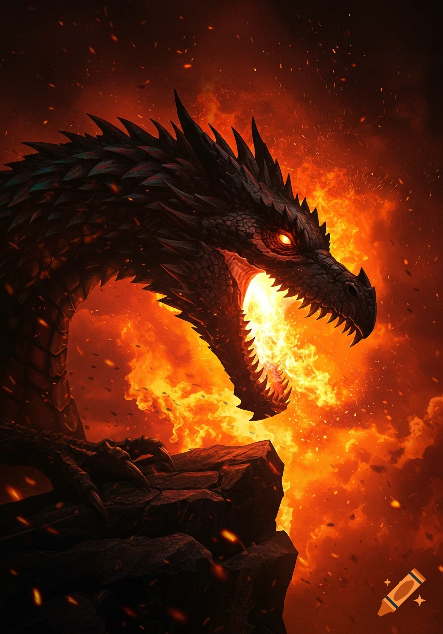 Two green, scaly dragons made of puzzle pieces breathe fire towards ...