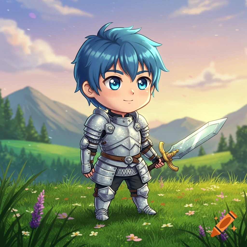 Chibi knight with blue hair and big eyes, wearing silver armor, holding ...