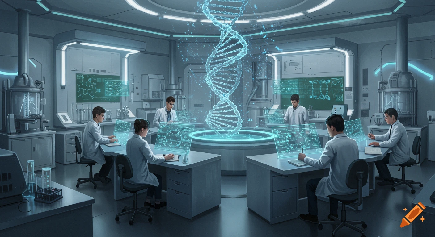 Blue-toned image of a large DNA helix with scientists in lab coats examining holographic screens ...