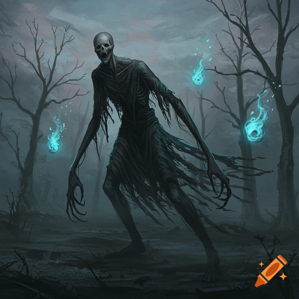 A gaunt, skeletal creature with long limbs and tattered robes stands in ...