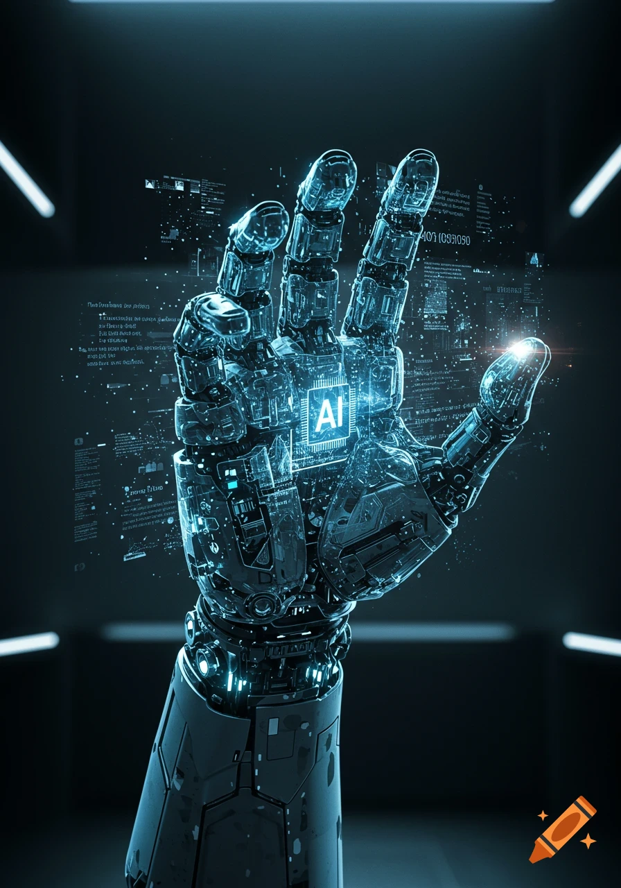 Close-up of a futuristic robotic hand, transparent with glowing blue ...