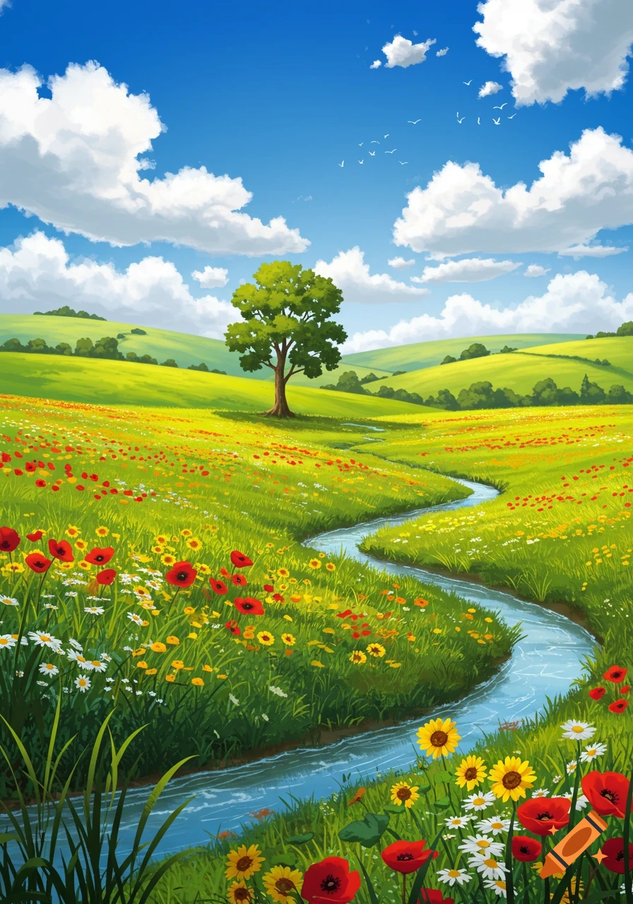 Vibrant landscape illustration of a wide green field, winding river ...