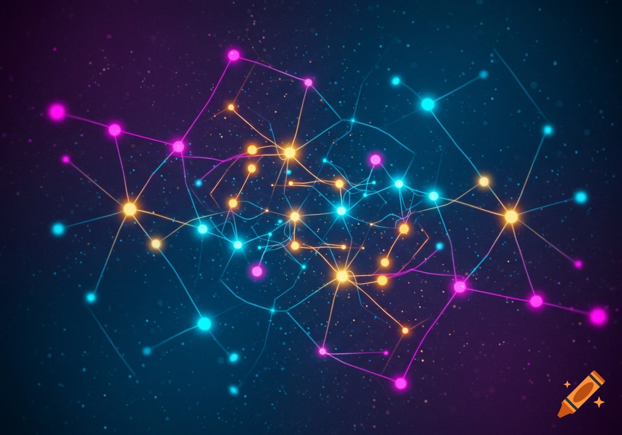 A vibrant neon network of glowing orbs connected by colorful lines ...