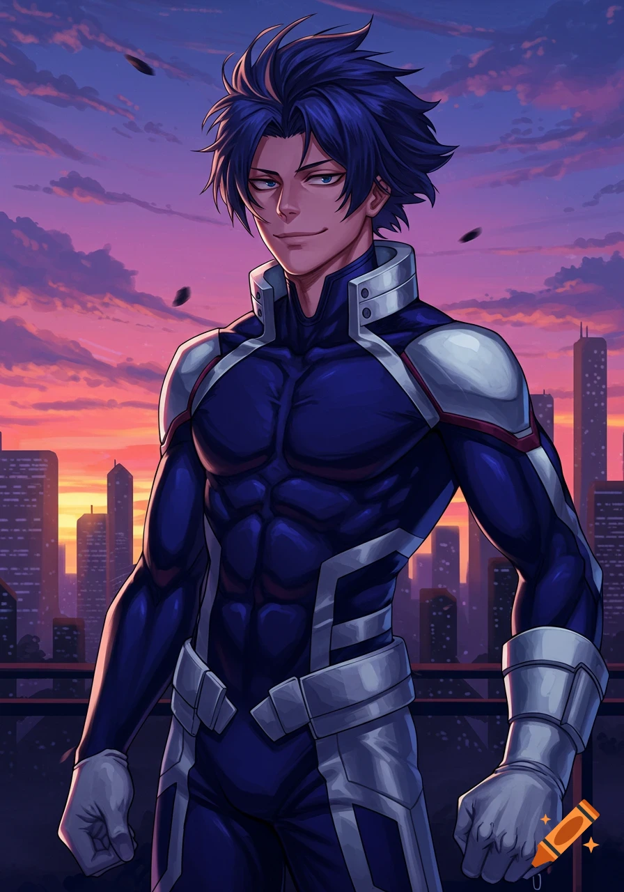 Adult Monoma Neito from My Hero Academia in a dark blue superhero suit ...