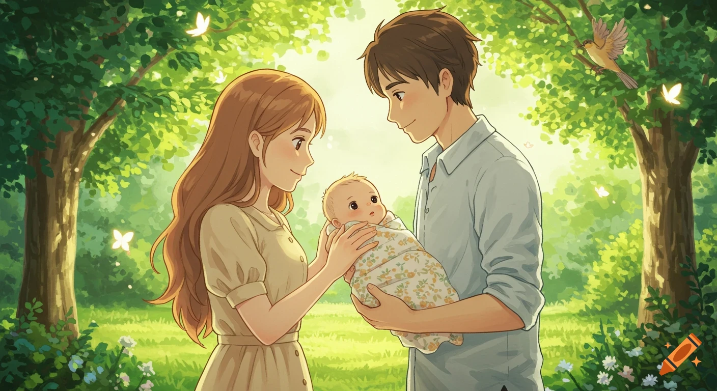 Anime-style illustration of a happy couple holding hands in a park with ...