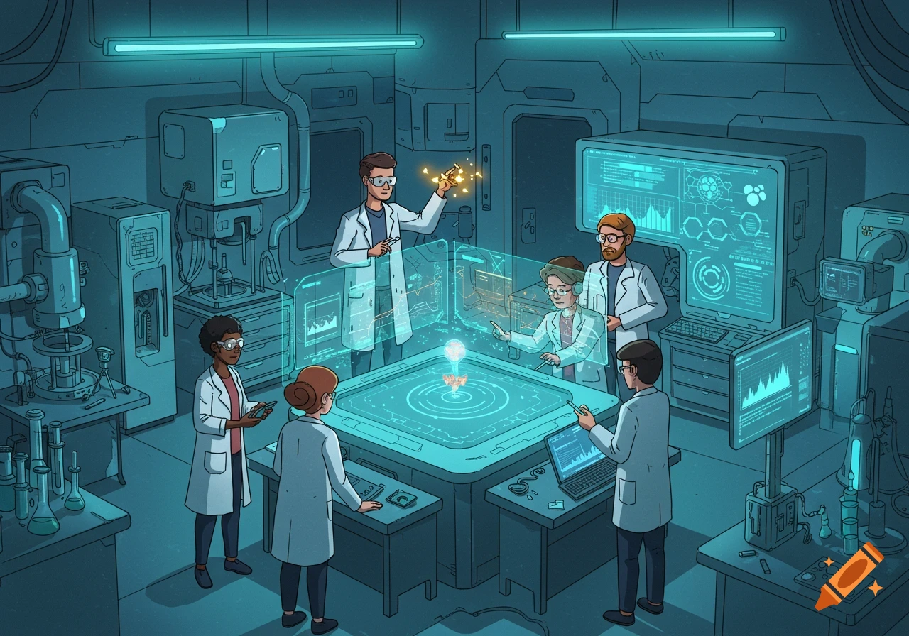 A futuristic science laboratory with scientists working at desks with ...