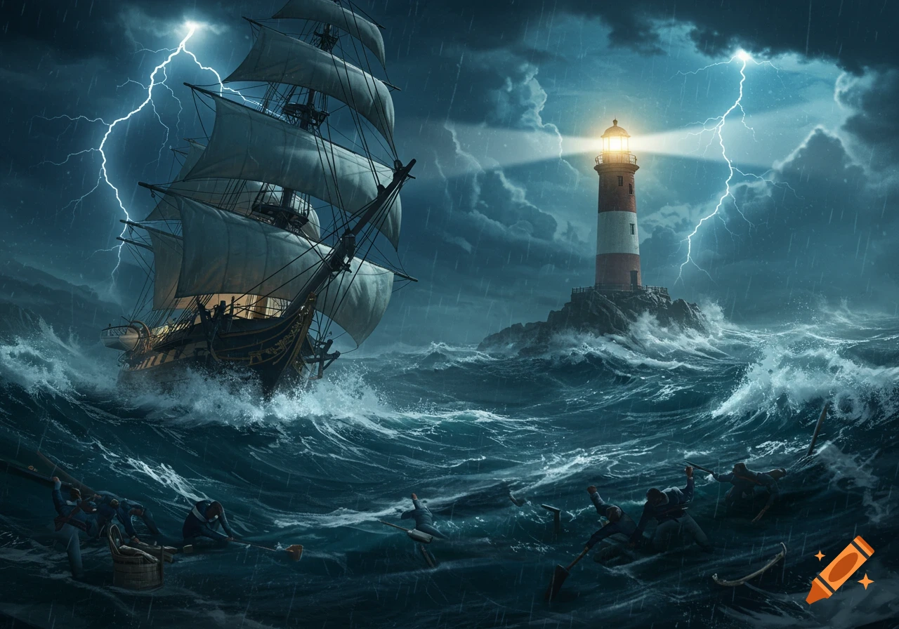 A dramatic sailing ship navigates a stormy sea with crashing waves ...