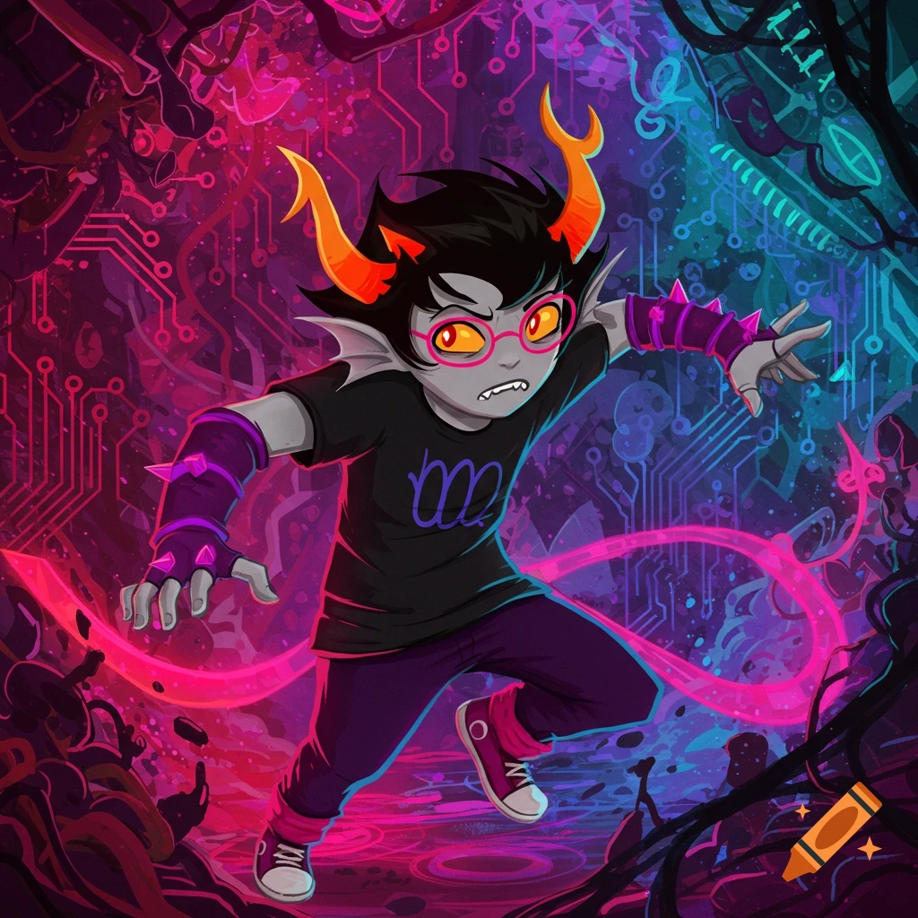 A grey-skinned Homestuck character with orange horns, glasses, and a ...