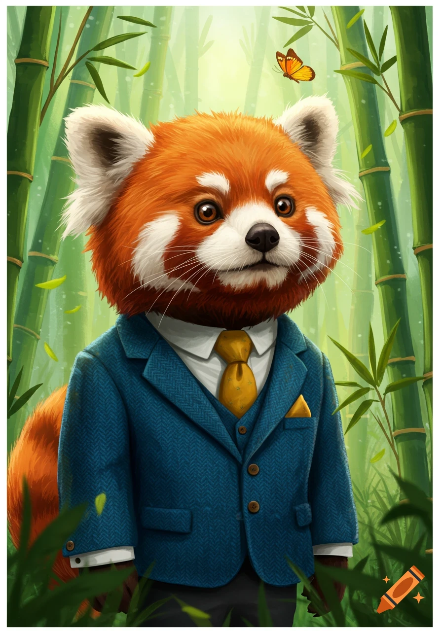 Cartoon red panda in a blue suit and yellow tie stands in a vibrant ...