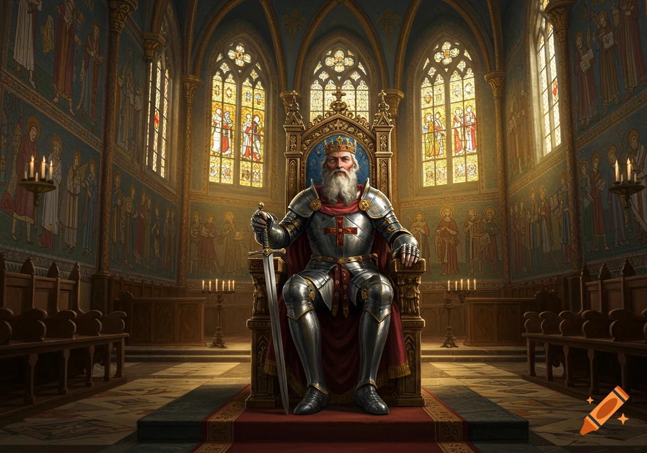 A knight in ornate crimson armor with a plumed helmet stands in a grand ...