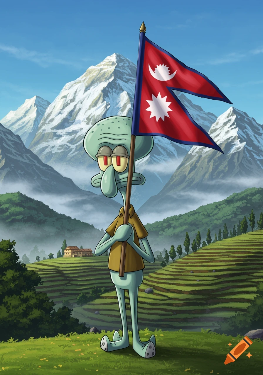 Squidward from Spongebob stands in a green mountain valley, holding the ...