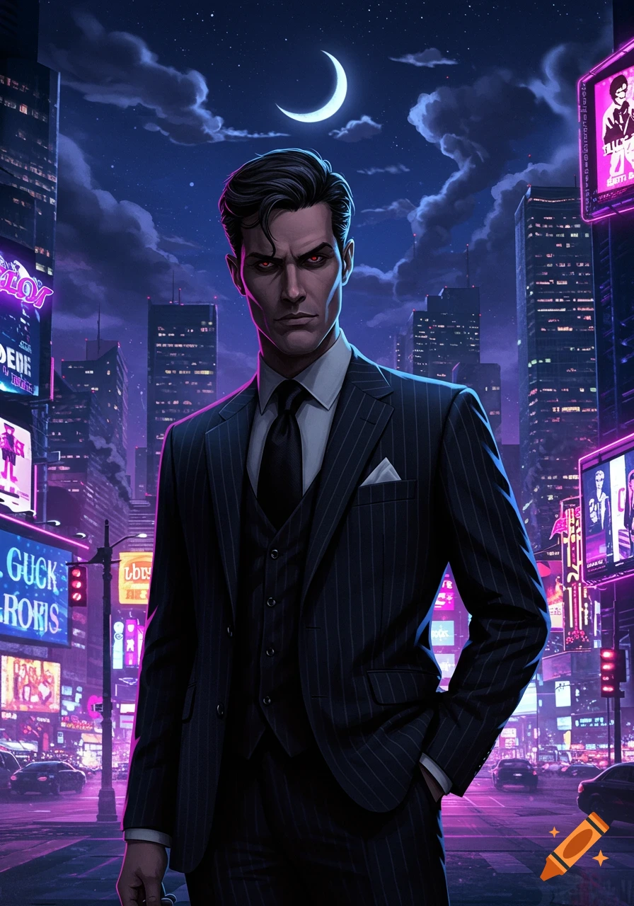 A stylized illustration of a stern man with red eyes in a pinstripe ...