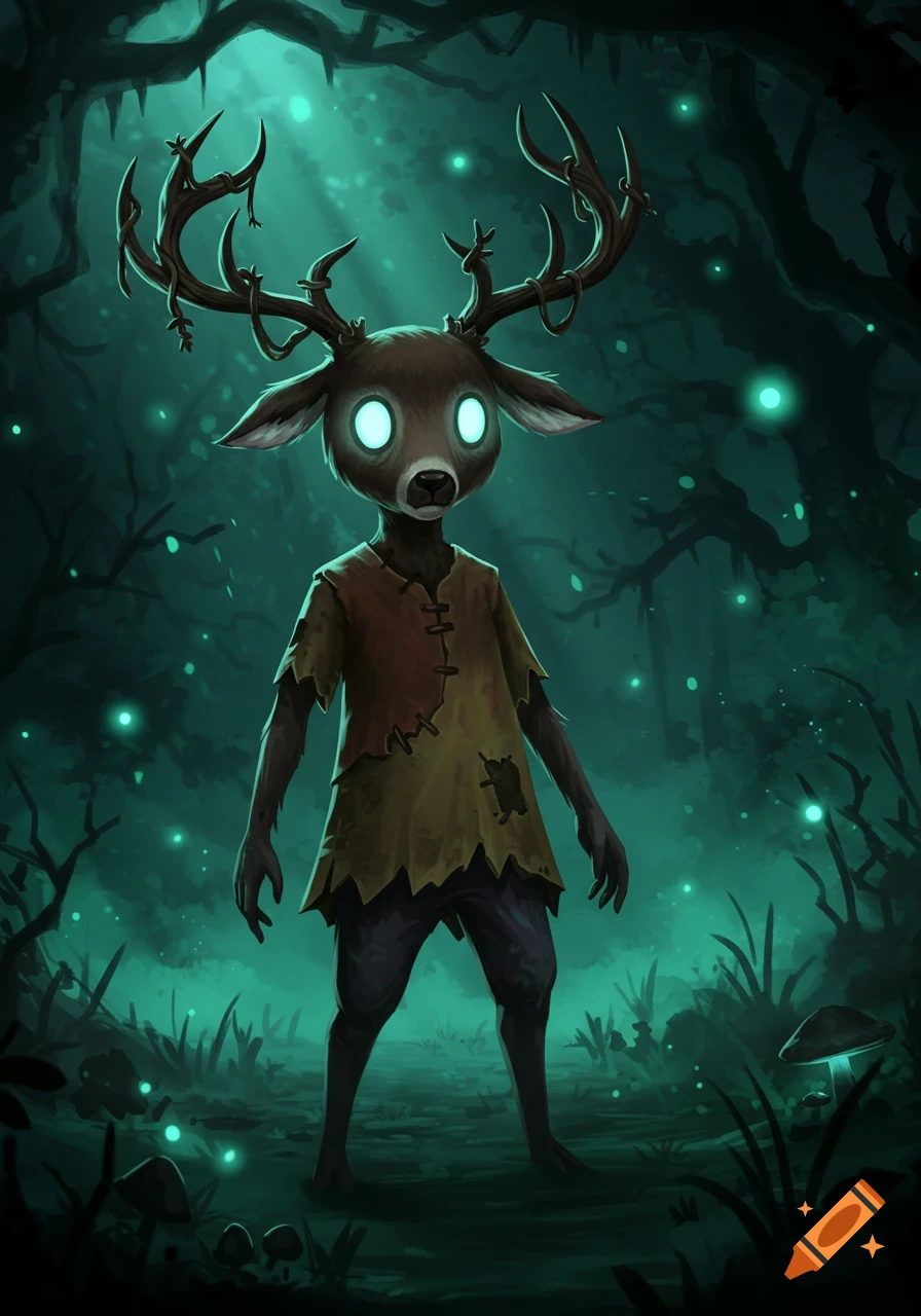 Stylized cartoon deer-like creature with large antlers and glowing eyes ...