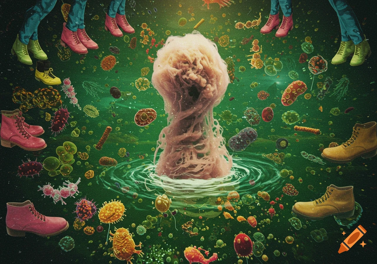 Surreal image of a pale, fleshy mass in a green microbial pool ...