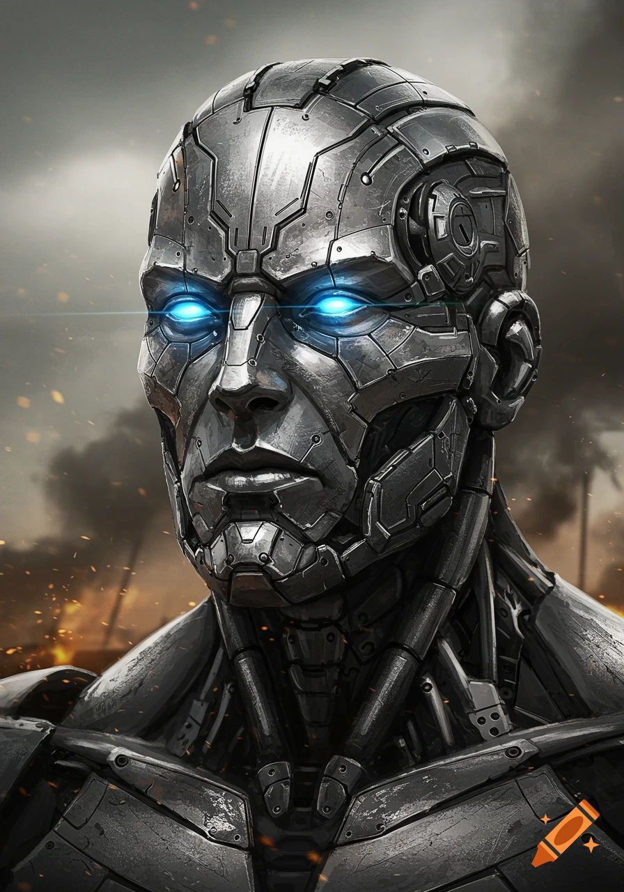 Digital painting of a detailed metallic robot head with glowing blue ...