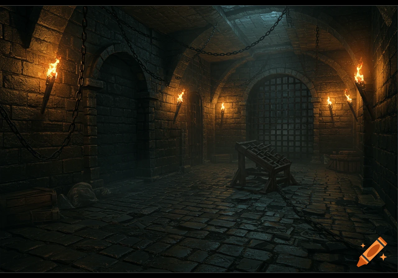 A dark, torch-lit stone dungeon passage with two doors, a small river ...