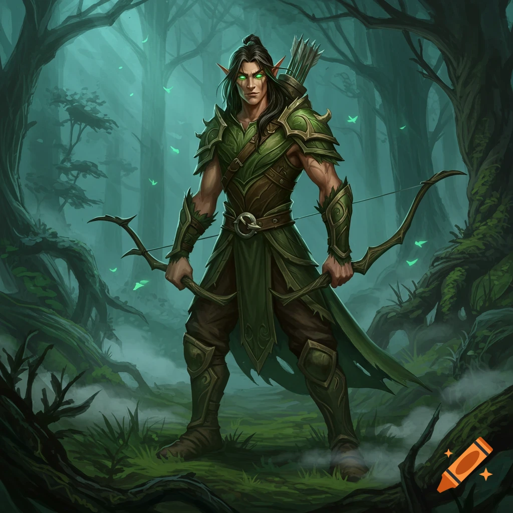 A male elf archer in green and brown armor with a hood and green eyes ...