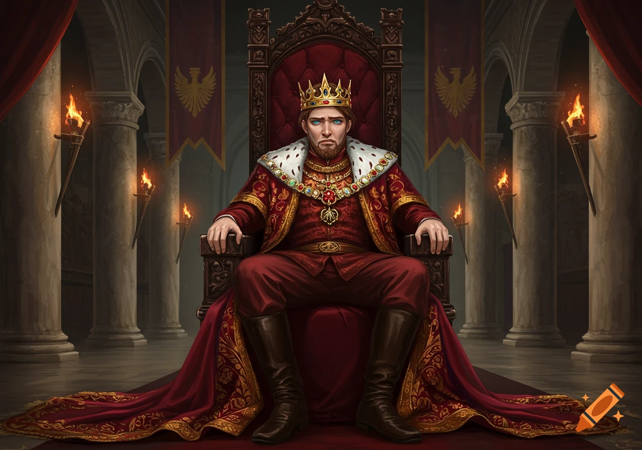 A regal anthropomorphic tiger king in ornate robes and a crown stands ...