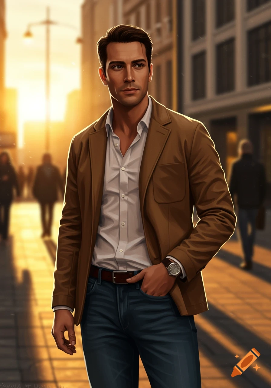 A stylish man in a black coat, brown sweater, blue jeans, and white ...