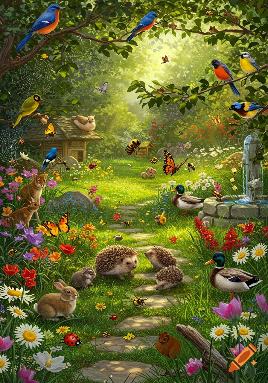 Detailed illustration of a lush, sunlit garden path filled with various ...