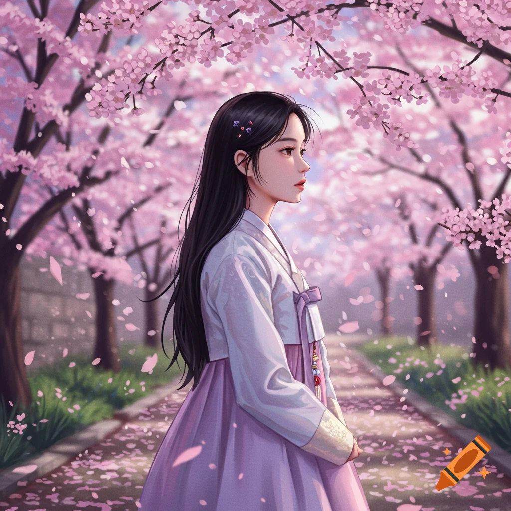 An anime illustration of a woman in a light pink and blue hanbok ...