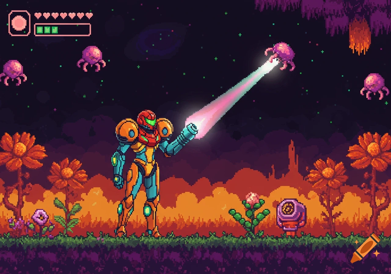 A pixel art Samus-like character in orange and blue armor shoots a pink ...