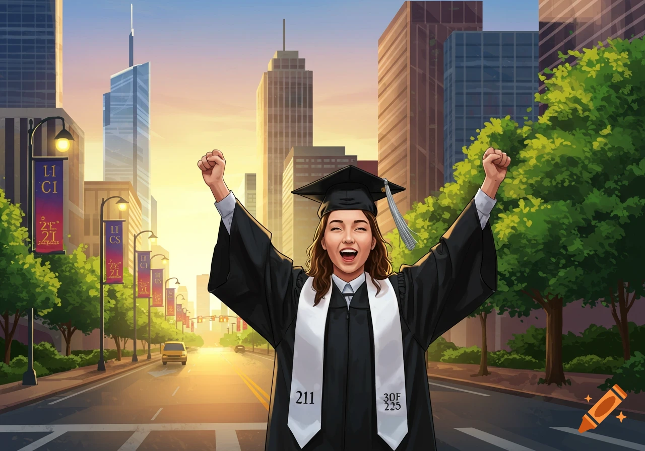A smiling female college graduate in a cap and gown stands on a city ...