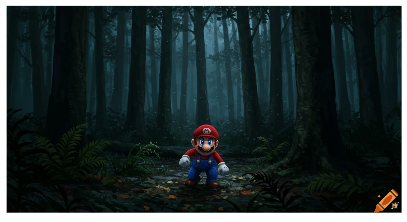 Mario walks on a stone path in a mystical forest, surrounded by glowing ...