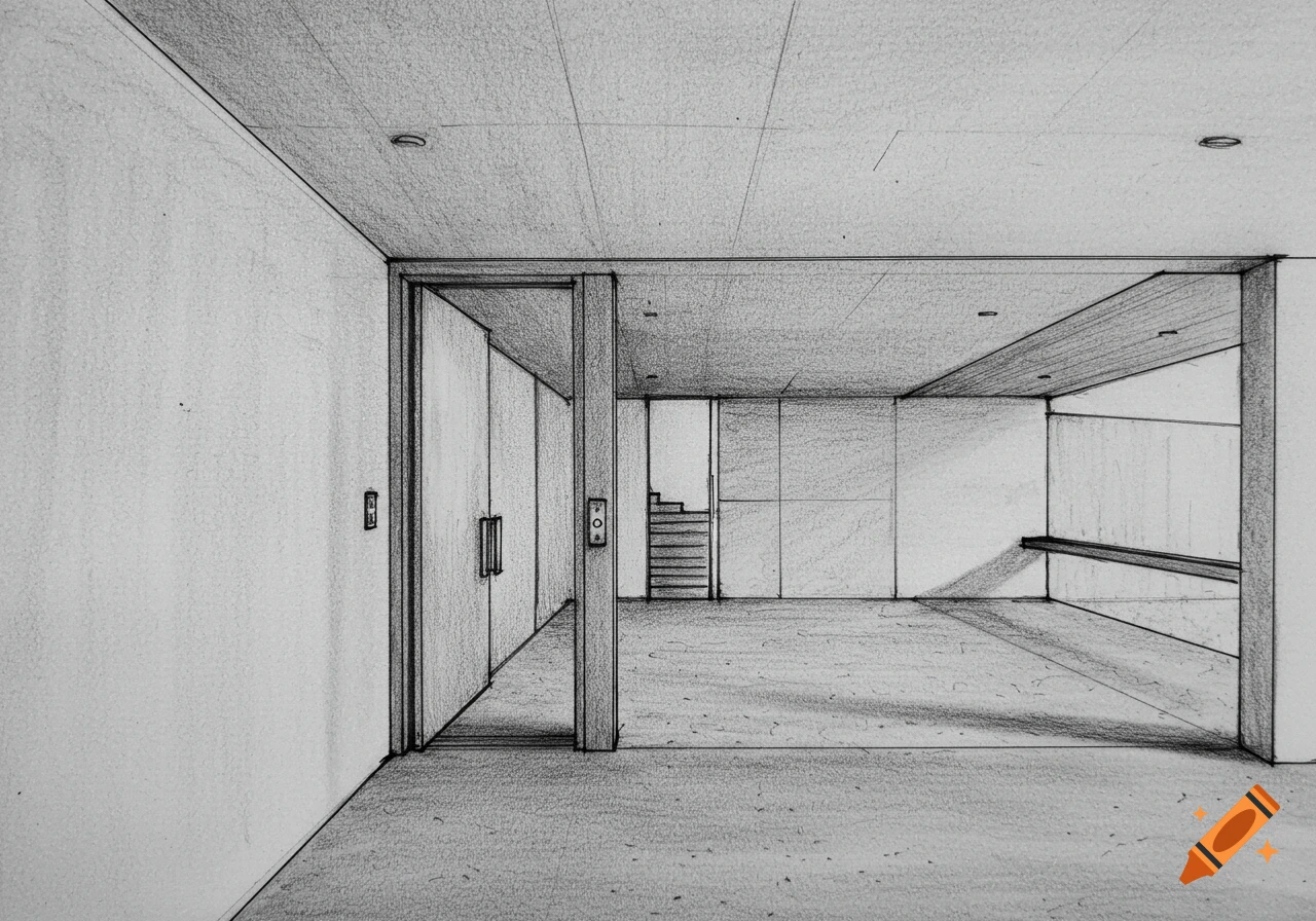 Pencil drawing of a multi-level modern building in isometric projection ...