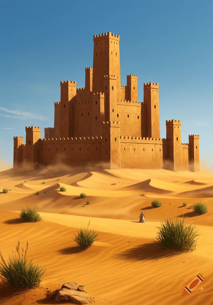 A majestic sand-colored castle dominates a vast desert landscape with ...