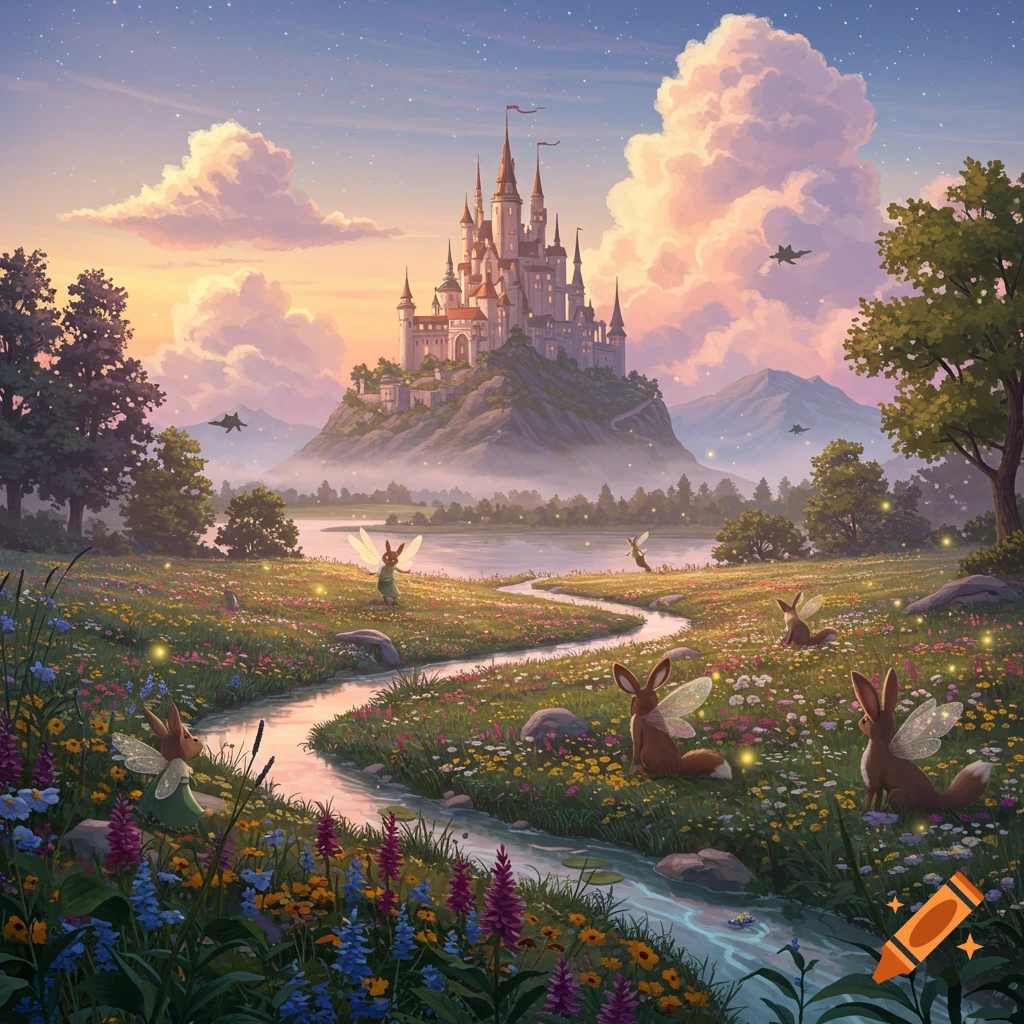 A majestic fantasy castle with blue roofs and ornate windows floats ...