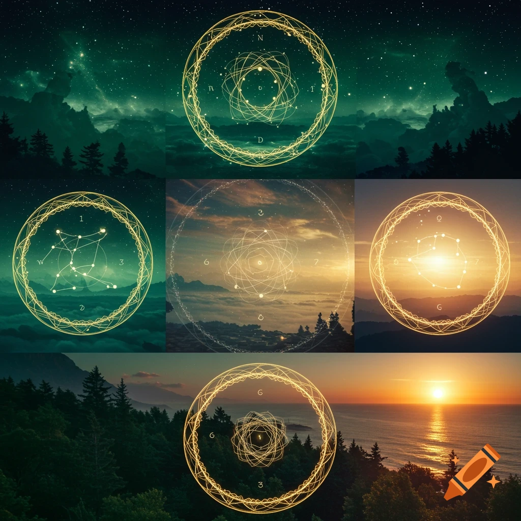 A grid of nine images, each depicting a glowing golden magic circle ...