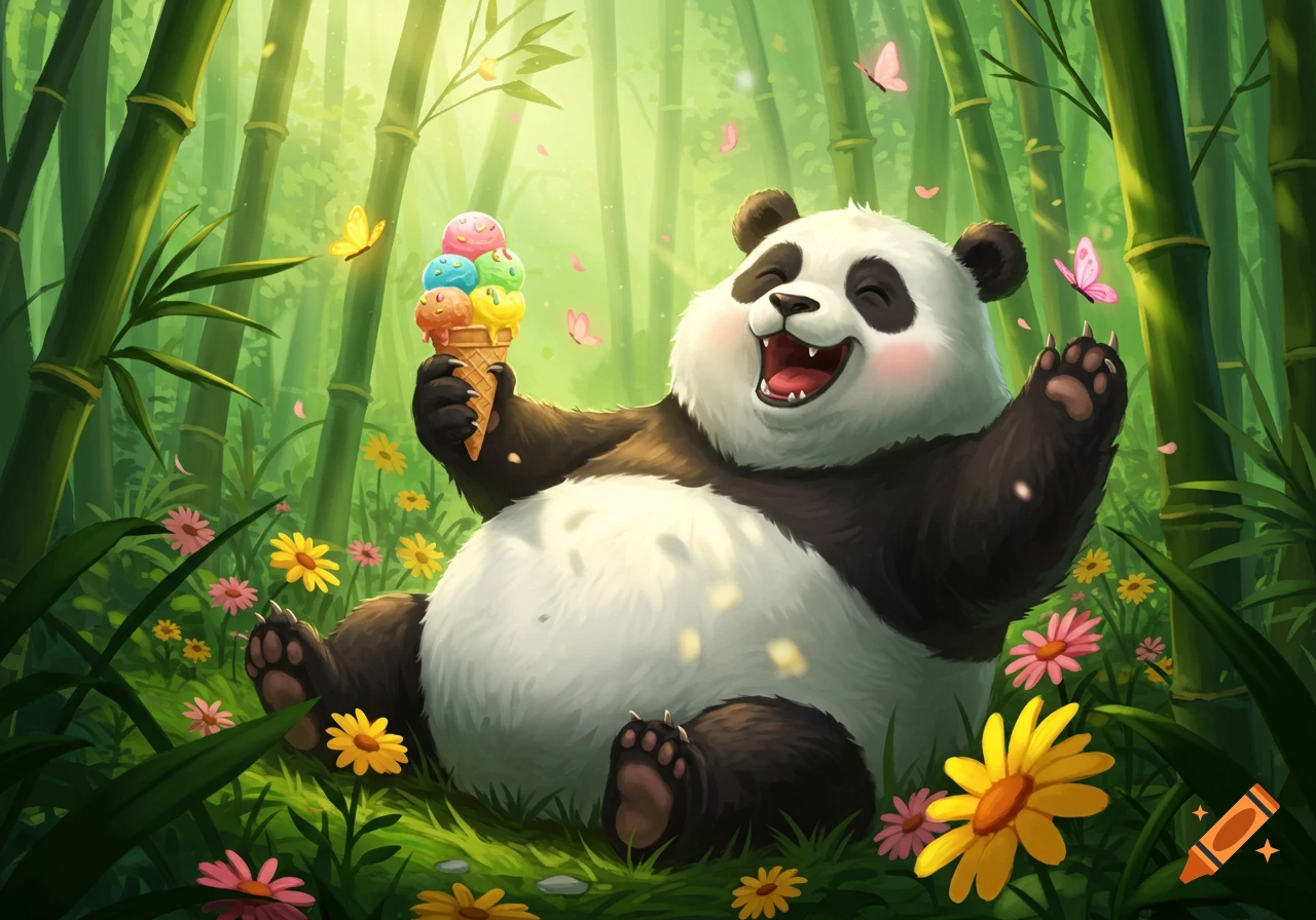 An illustrated fluffy panda sleeps in a nest swing as colorful ...