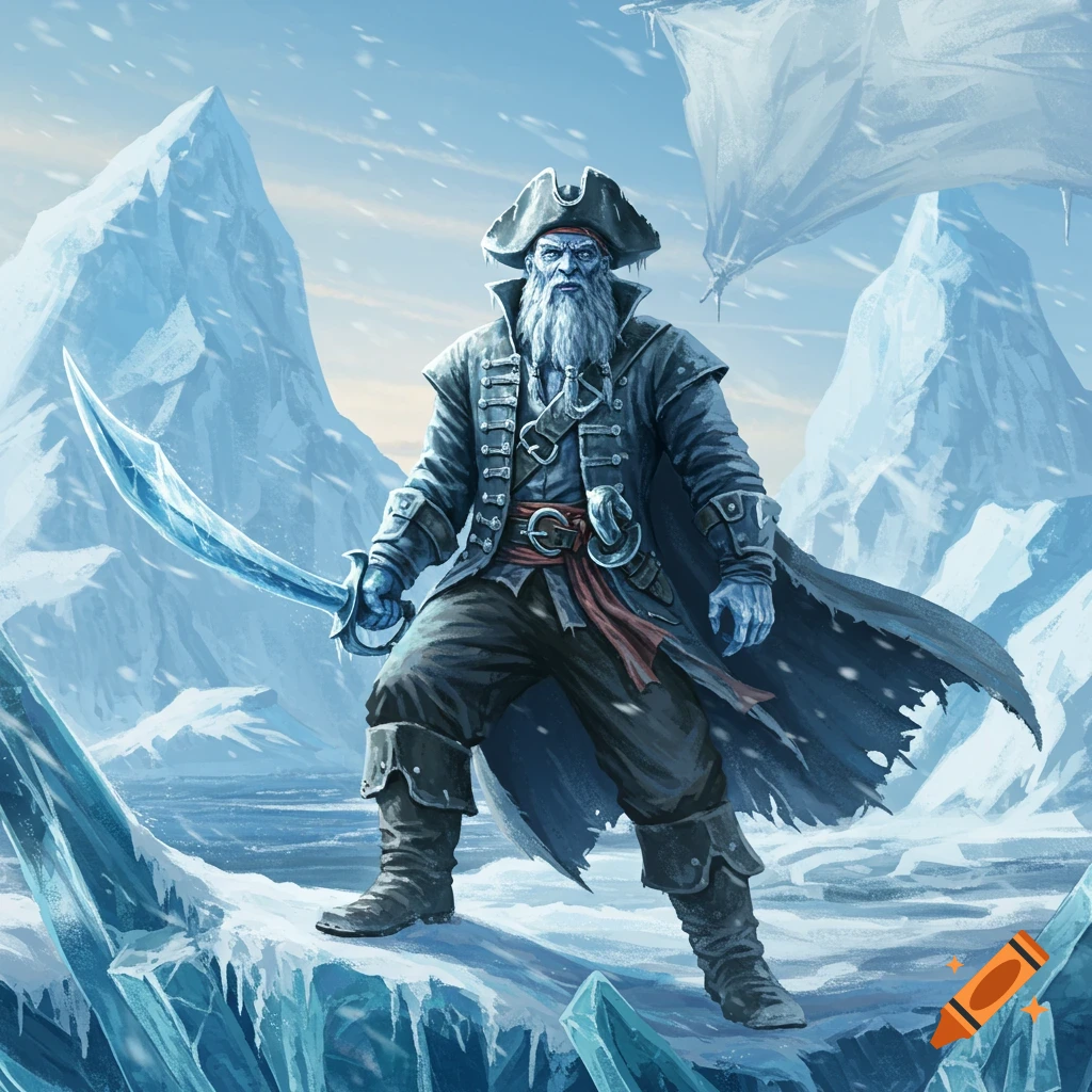 An illustrated ice pirate with a long white beard stands holding a ...
