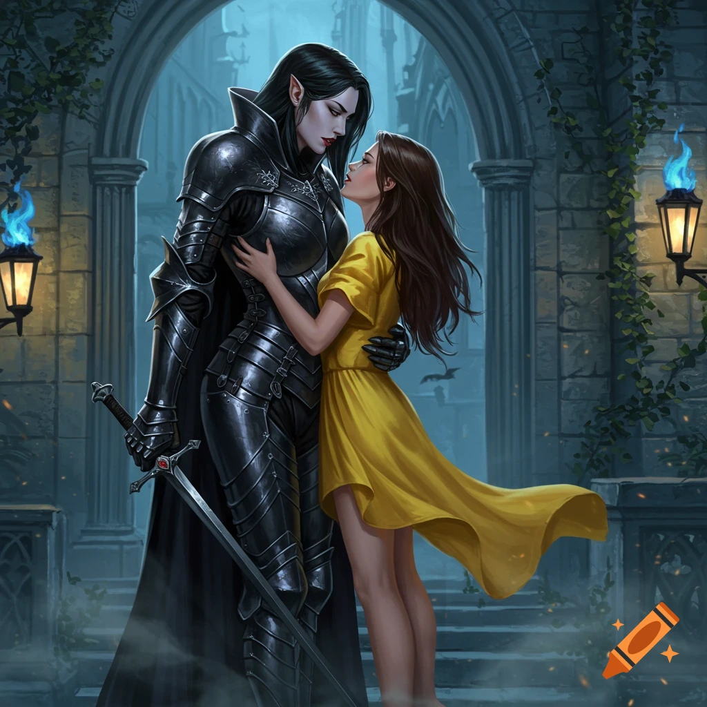 A tall female vampire in black armor embracing a woman in a yellow ...