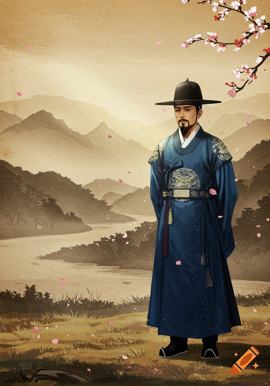 An illustration of a man in traditional blue Korean hanbok and a black ...