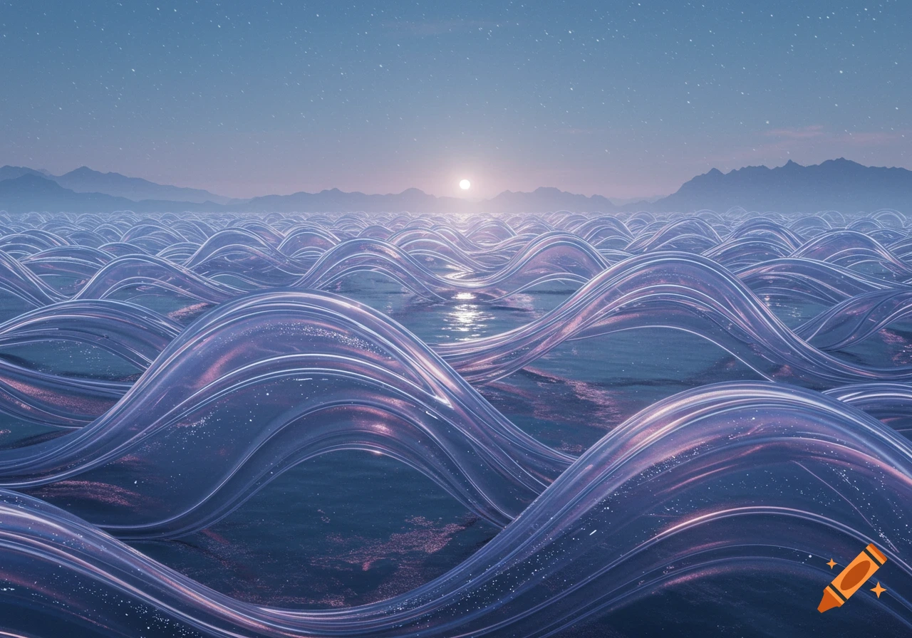 A dark, stylized landscape with a glowing golden river winding through ...