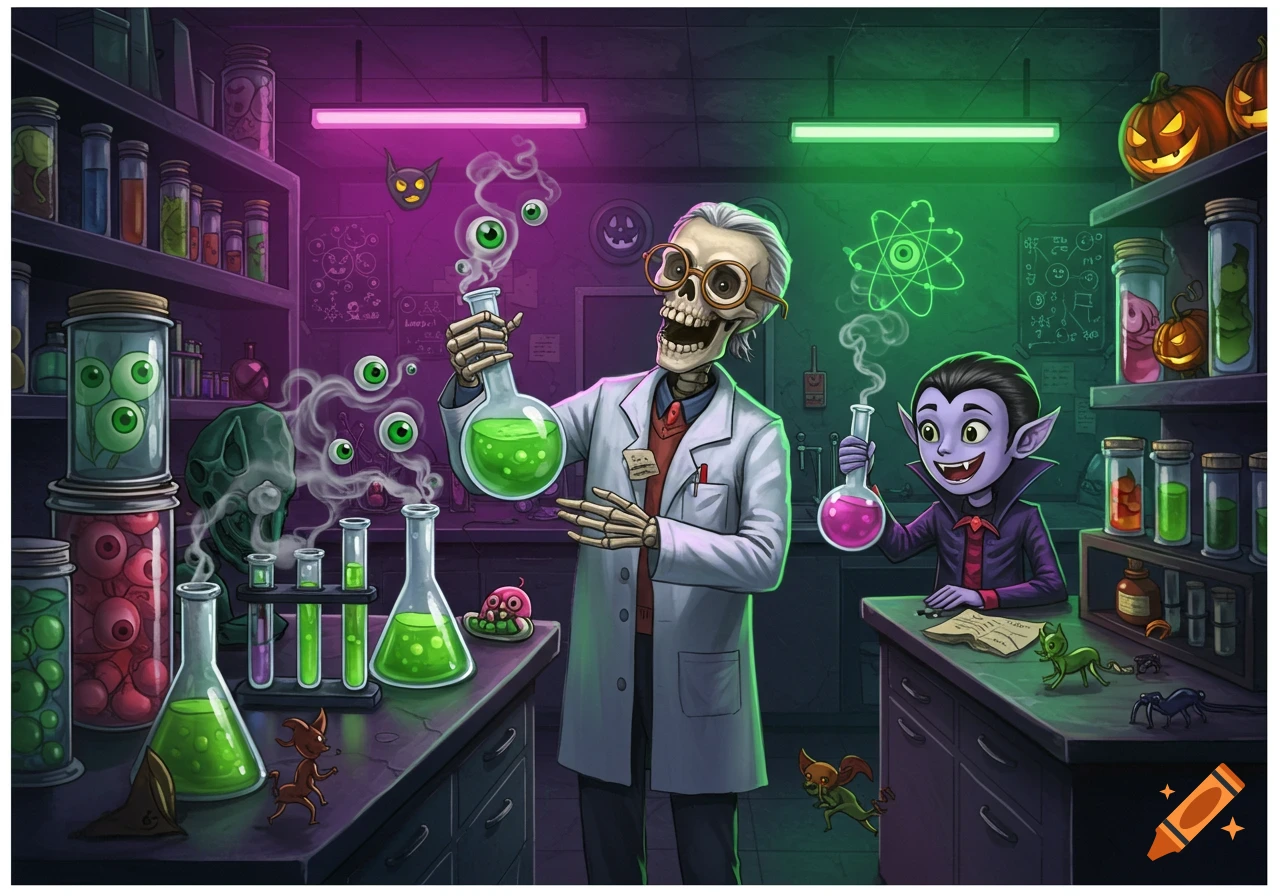 A skeleton scientist and a vampire child conduct experiments in a ...